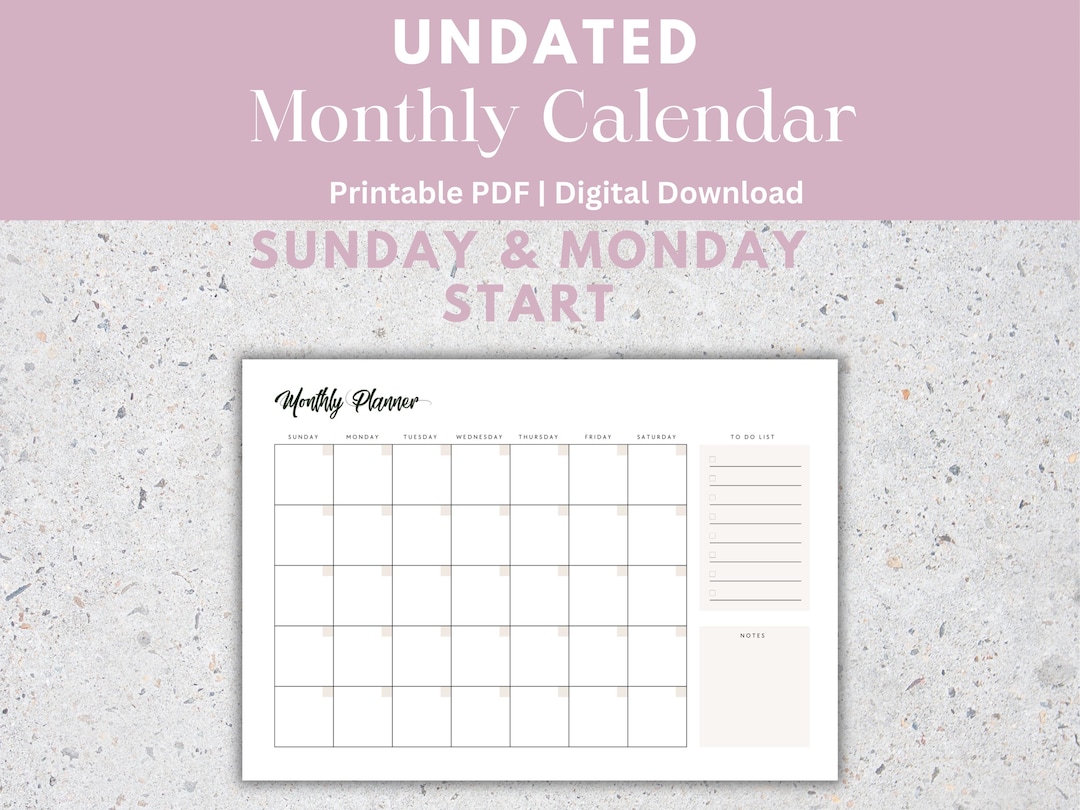 Undated Monthly Planner Printable Blank Calendar Template PDF Landscape ...