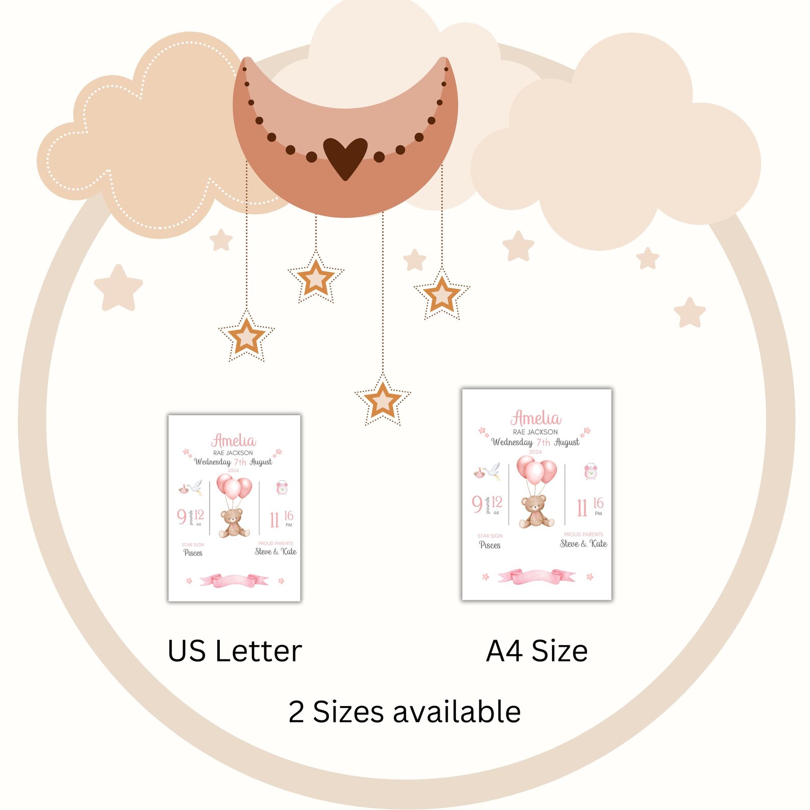 New Baby Announcement Digital Birth Sign New Arrival Baby Girl Nursery ...
