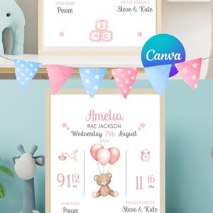 New Baby Announcement Digital Birth Sign New Arrival Baby Girl Nursery ...
