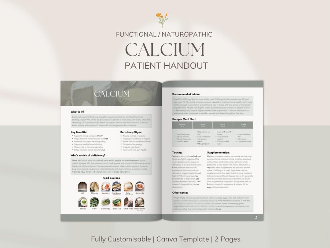 Calcium Nutrition Handout, Patient Cheat Sheet, Canva Template, for ...