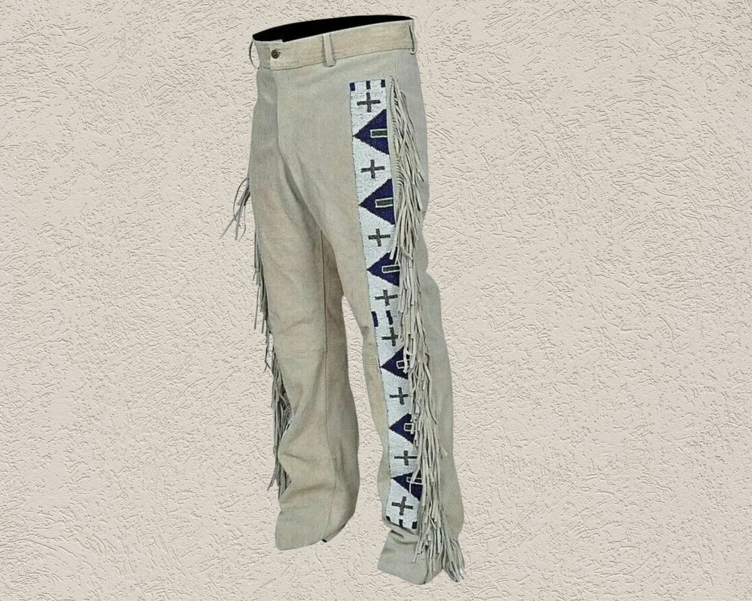 Men Fringes Suede Leather Beaded Pant, Western Native Indian Cowboy ...