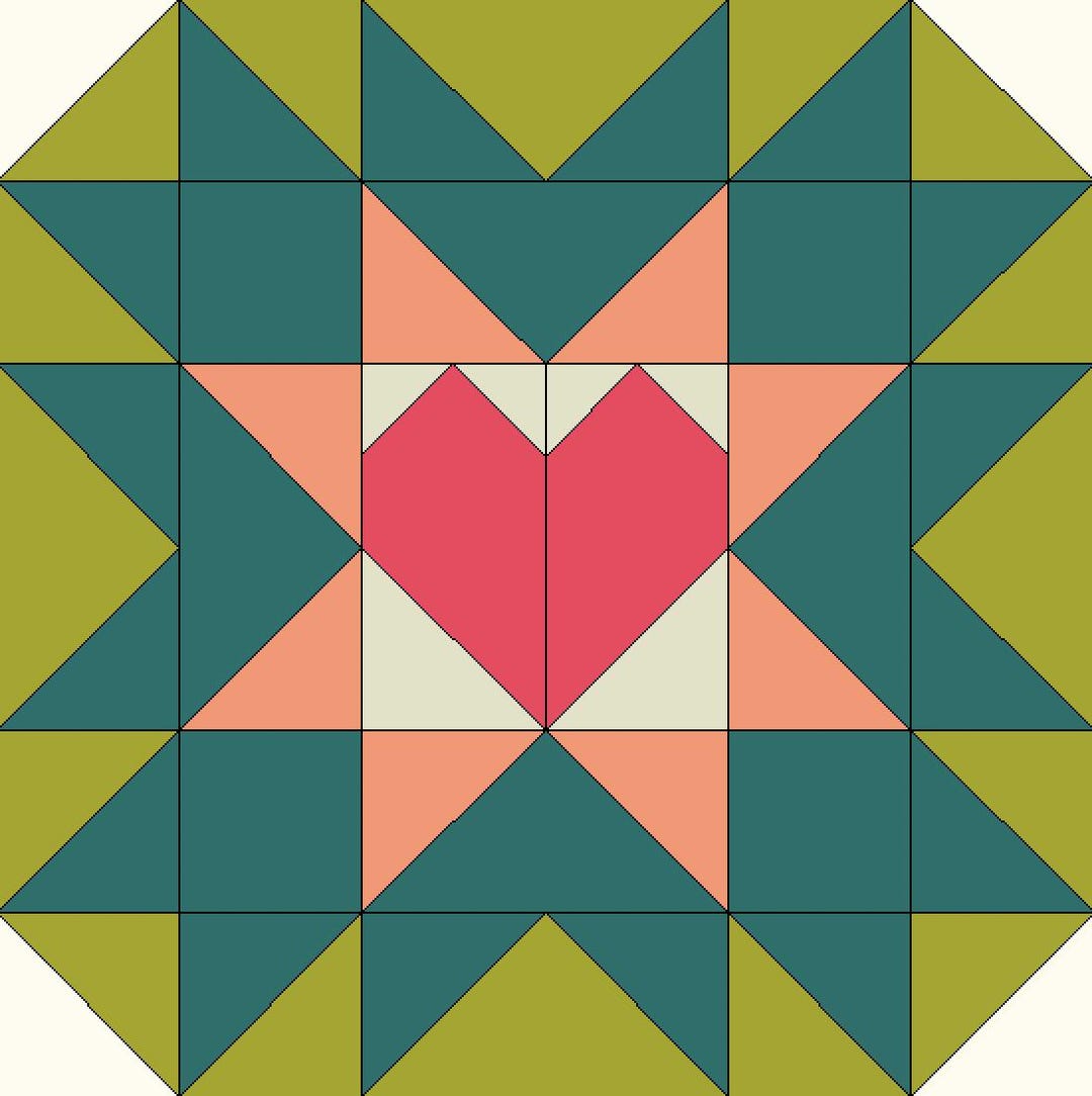 Double Sawtooth Star Quilt Block Pattern With Heart – 8x8 Inch PDF ...
