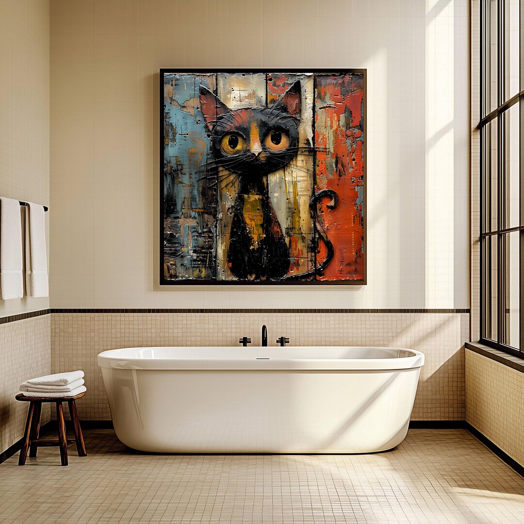 Rustic Cat Digital Wall Art – Whimsical Big-eyed Cat Print | Textured ...