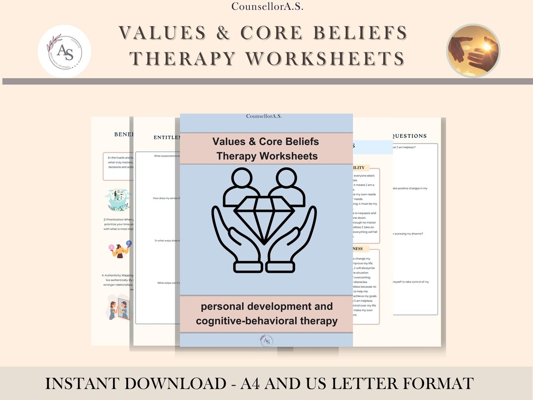 Values and Core Beliefs Therapy Worksheets | CBT Printable Workbook ...