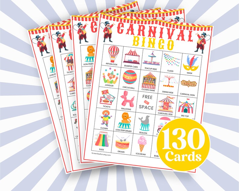 Carnival Bingo Cards Printable Game, Circus Clown Birthday Games, Kids ...