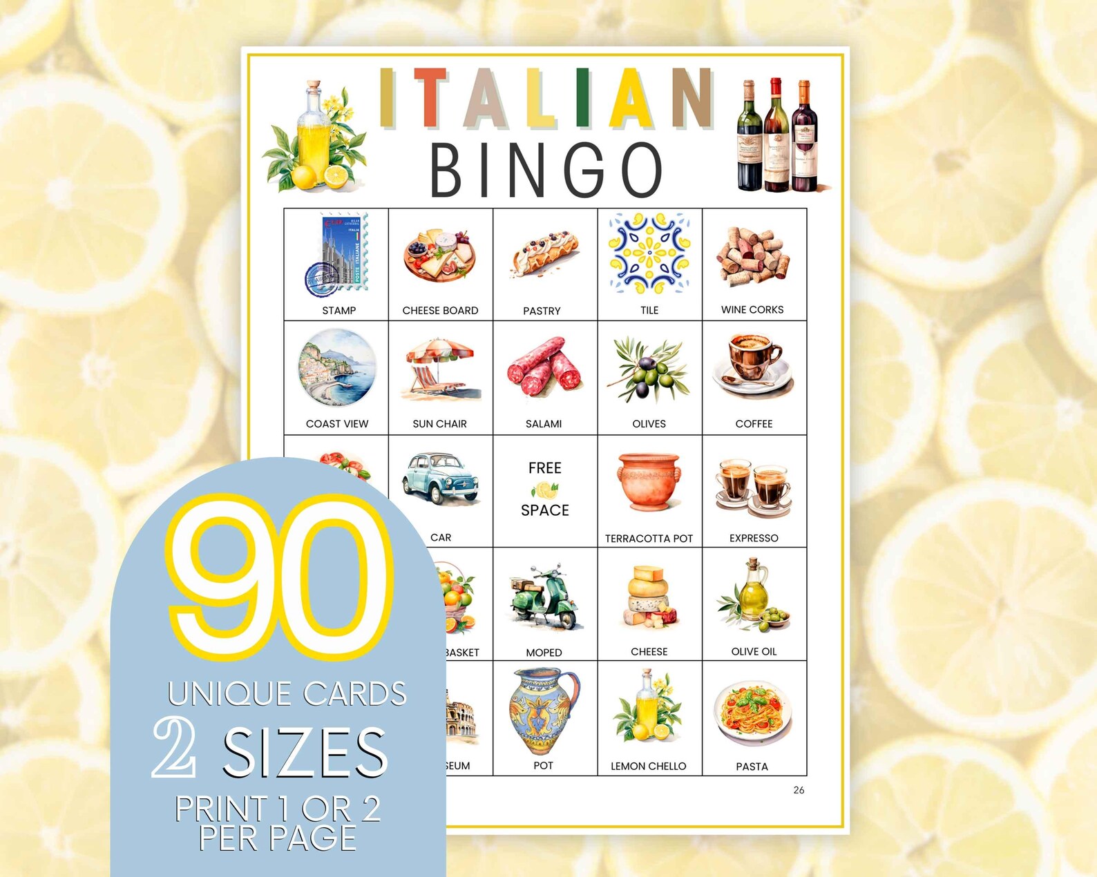 Italy Bingo Printable Game Cards, Italian Mediterranean Bingo, Yellow ...