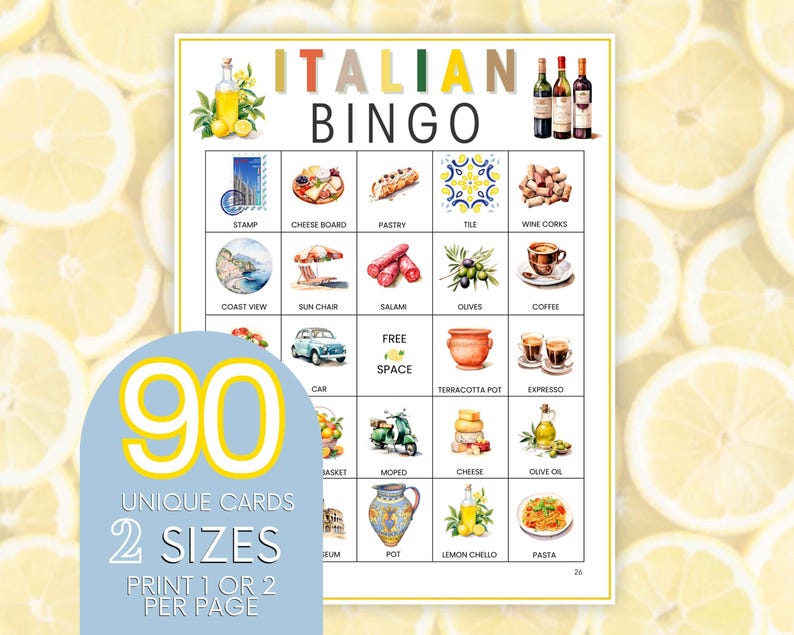 Italy Bingo Printable Game Cards, Italian Mediterranean Bingo, Yellow ...