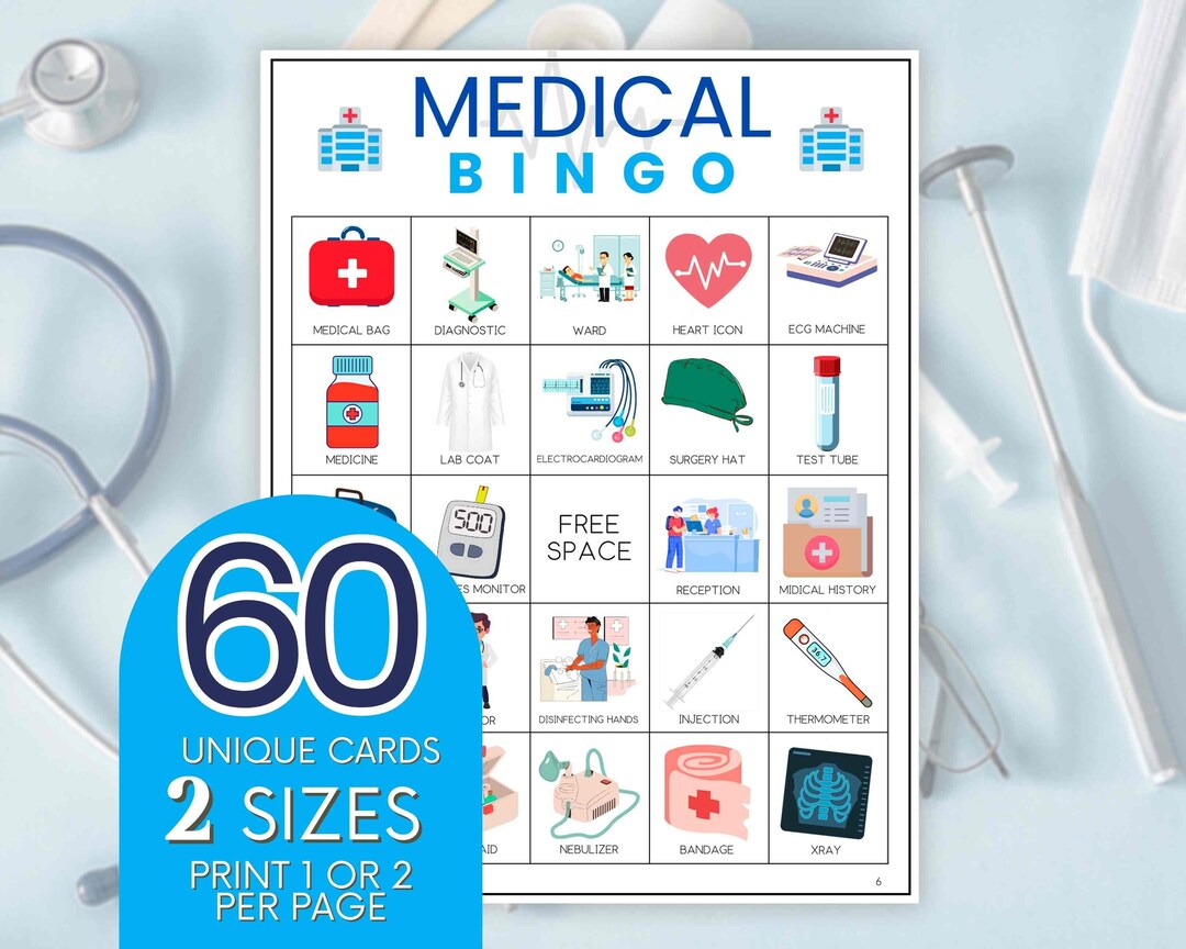 60 Medical Bingo Printable Game, Nursing Graduation Bingo, Nurse ...