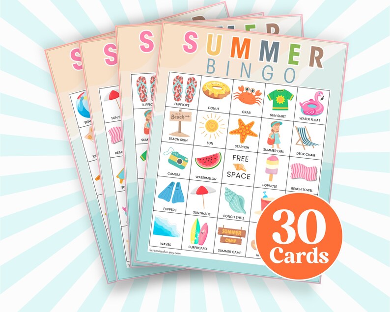 30 Pool Party Printable Bingo Game, Summer Activity for Kids, Vacation ...
