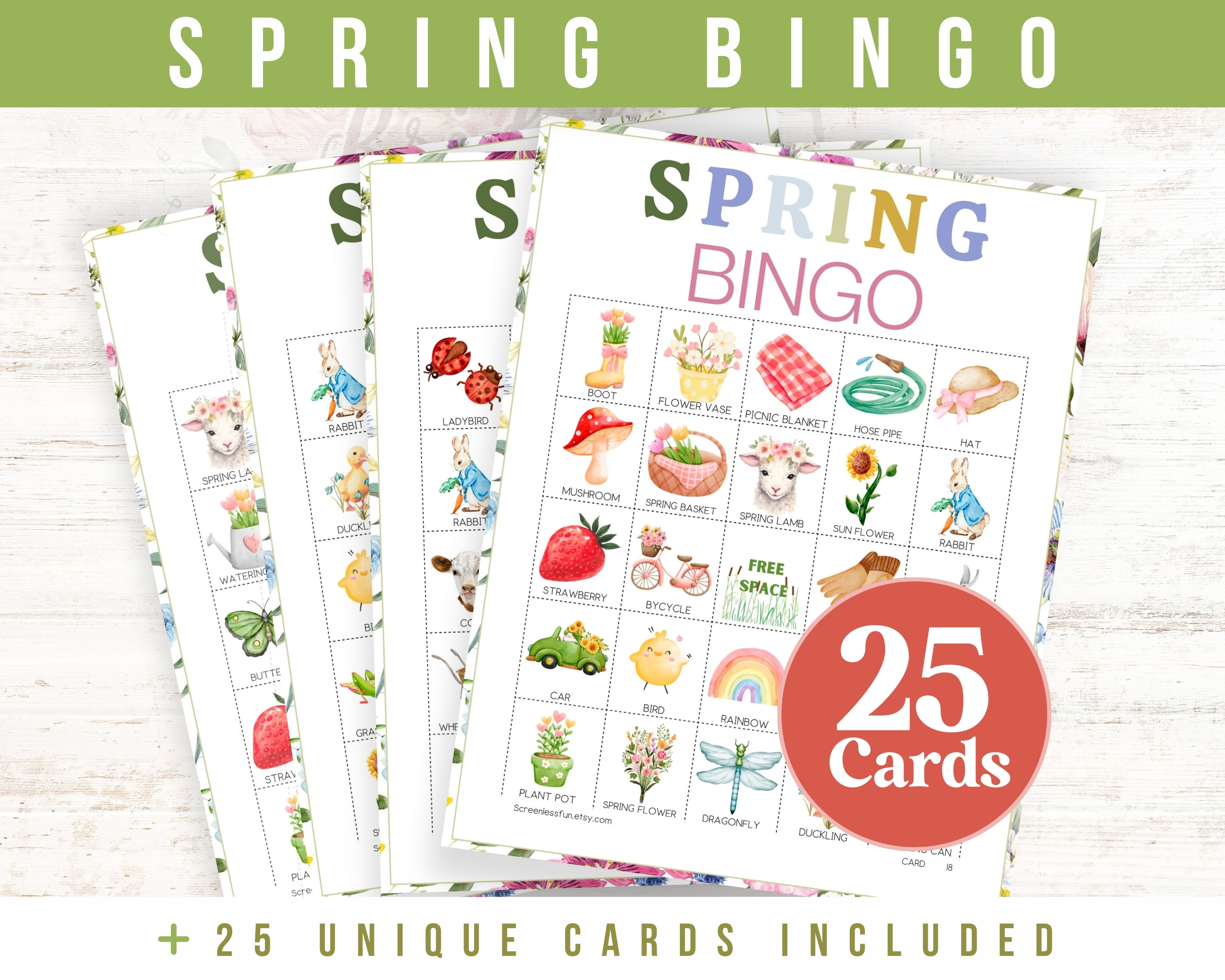25 Spring Bingo Printable Game Cards, Birthday Games for Spring, Large ...