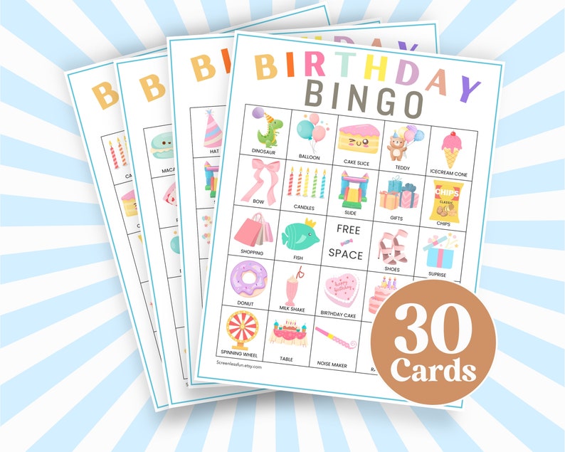 Birthday Bingo, 30 Bingo Cards, Printable Activities for Families ...