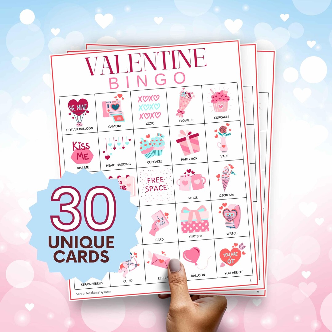 Valentine Bingo Cards, February Party Game, Fun Valentines Celebration ...