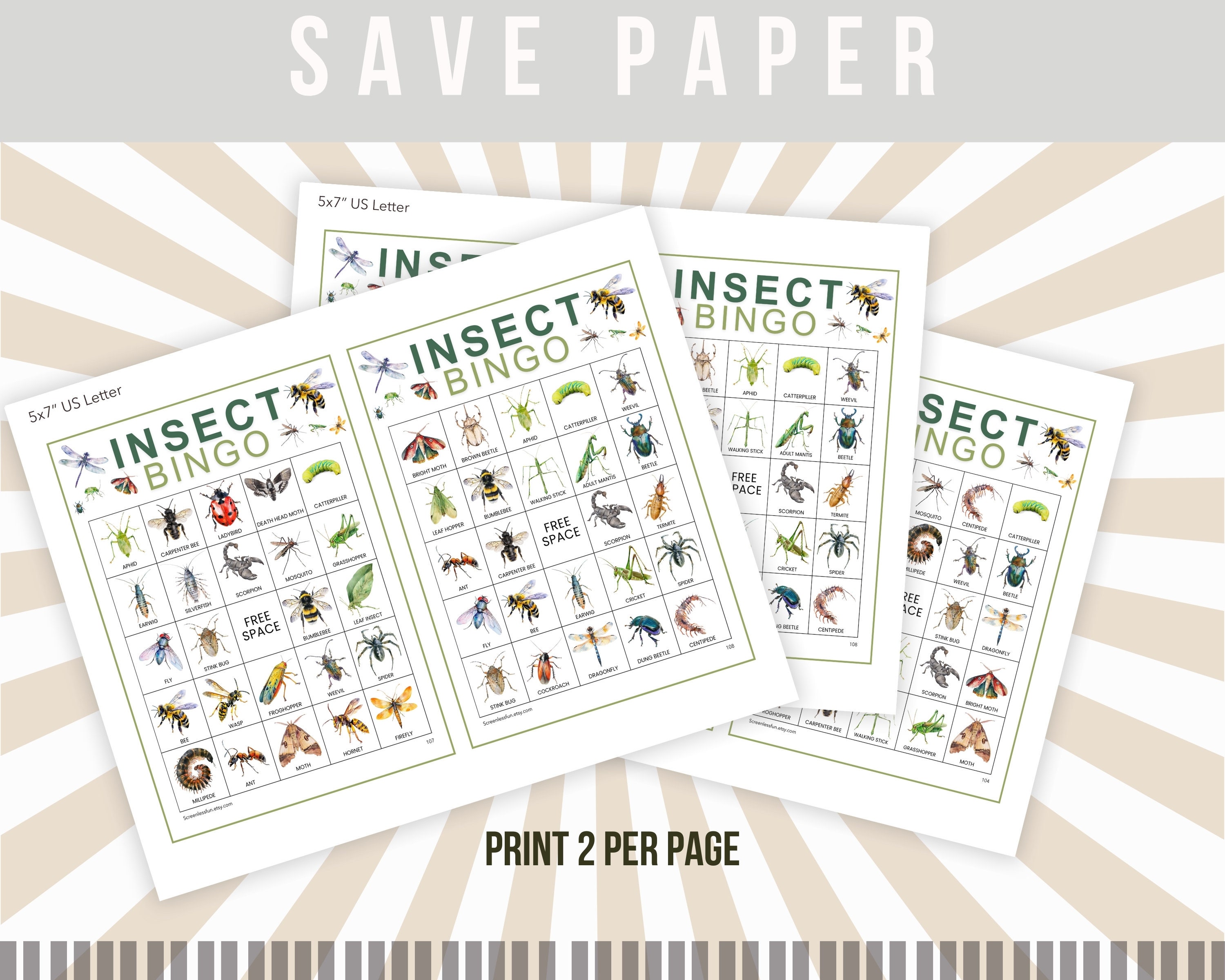 130 Insect Bingo Cards, Bug Bingo Birthday Party Game, Printable Animal ...