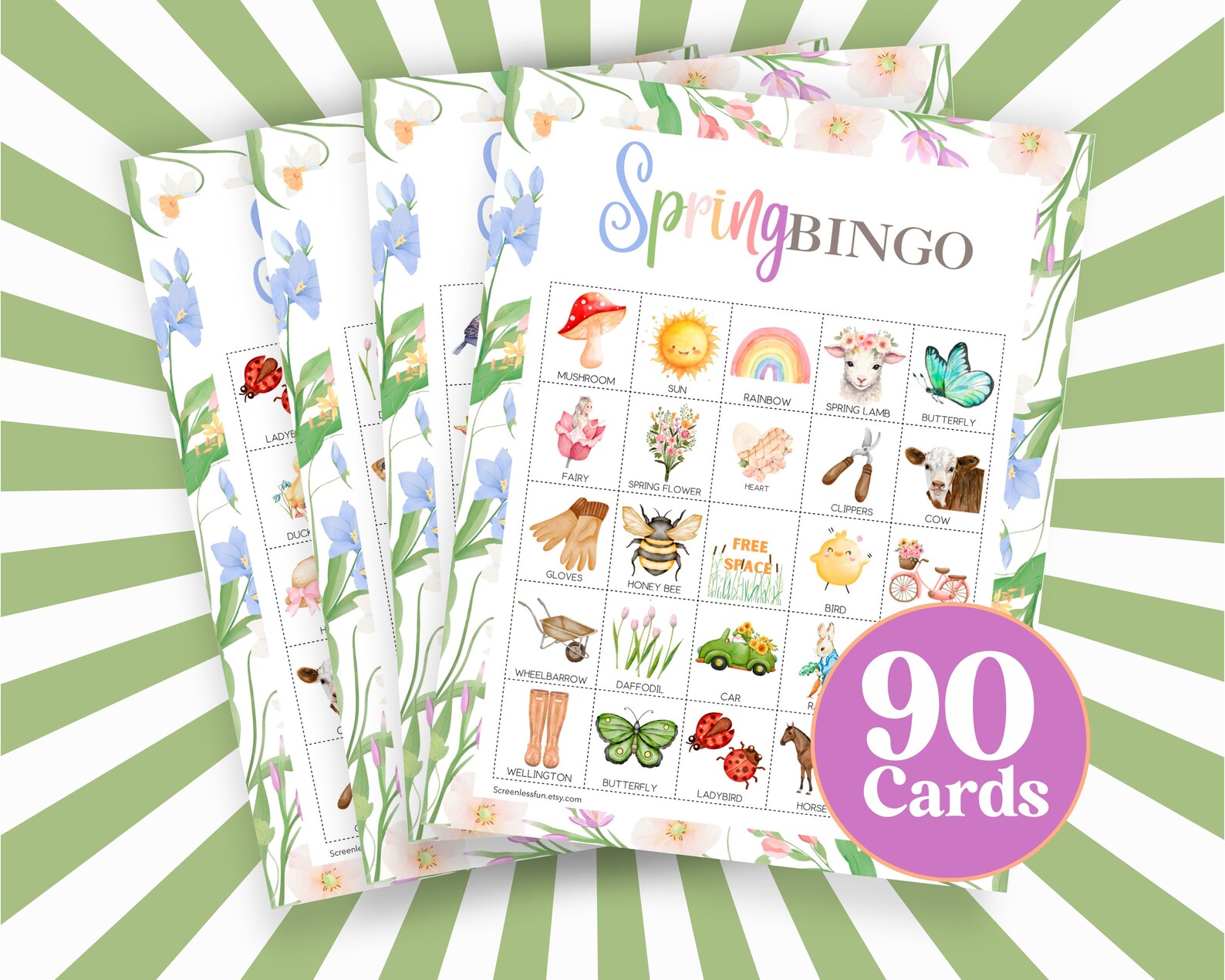 90 Bingo Cards for Spring, Spring Time Bingo for Kids, Printable Spring ...