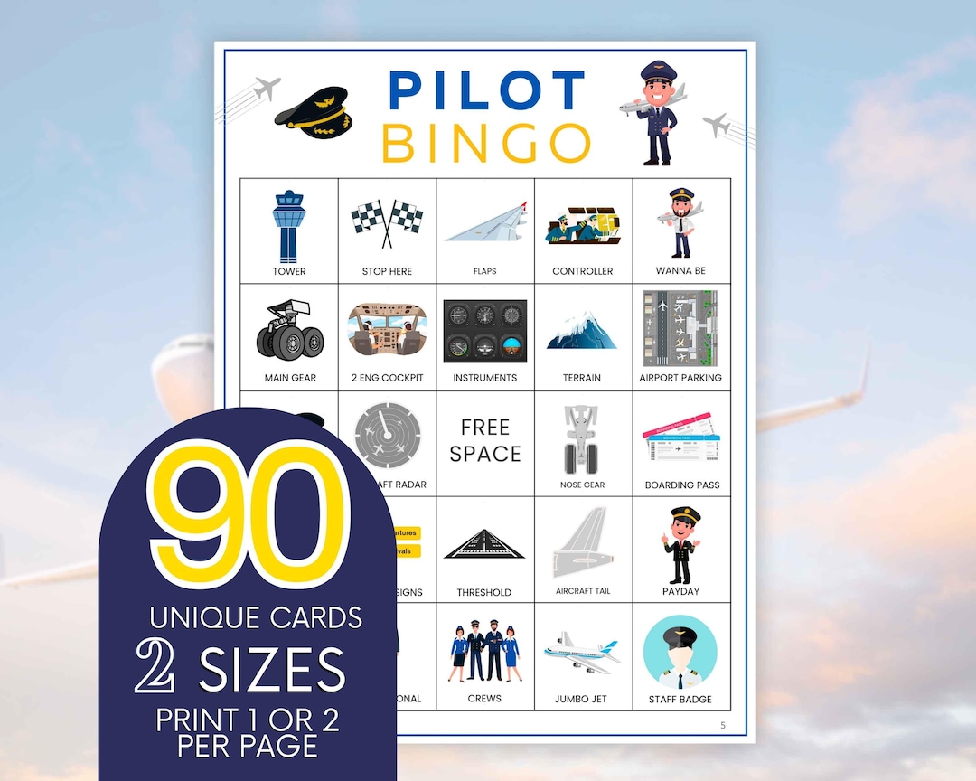 Pilot Bingo Cards, 90 Pilot Printable Party Game, Career Boy Birthday ...