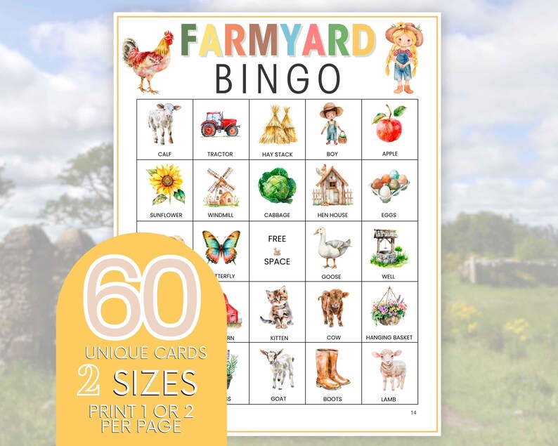 Farm Animal Bingo Game: 60 Kids Printable Cards (party Activity) - Etsy