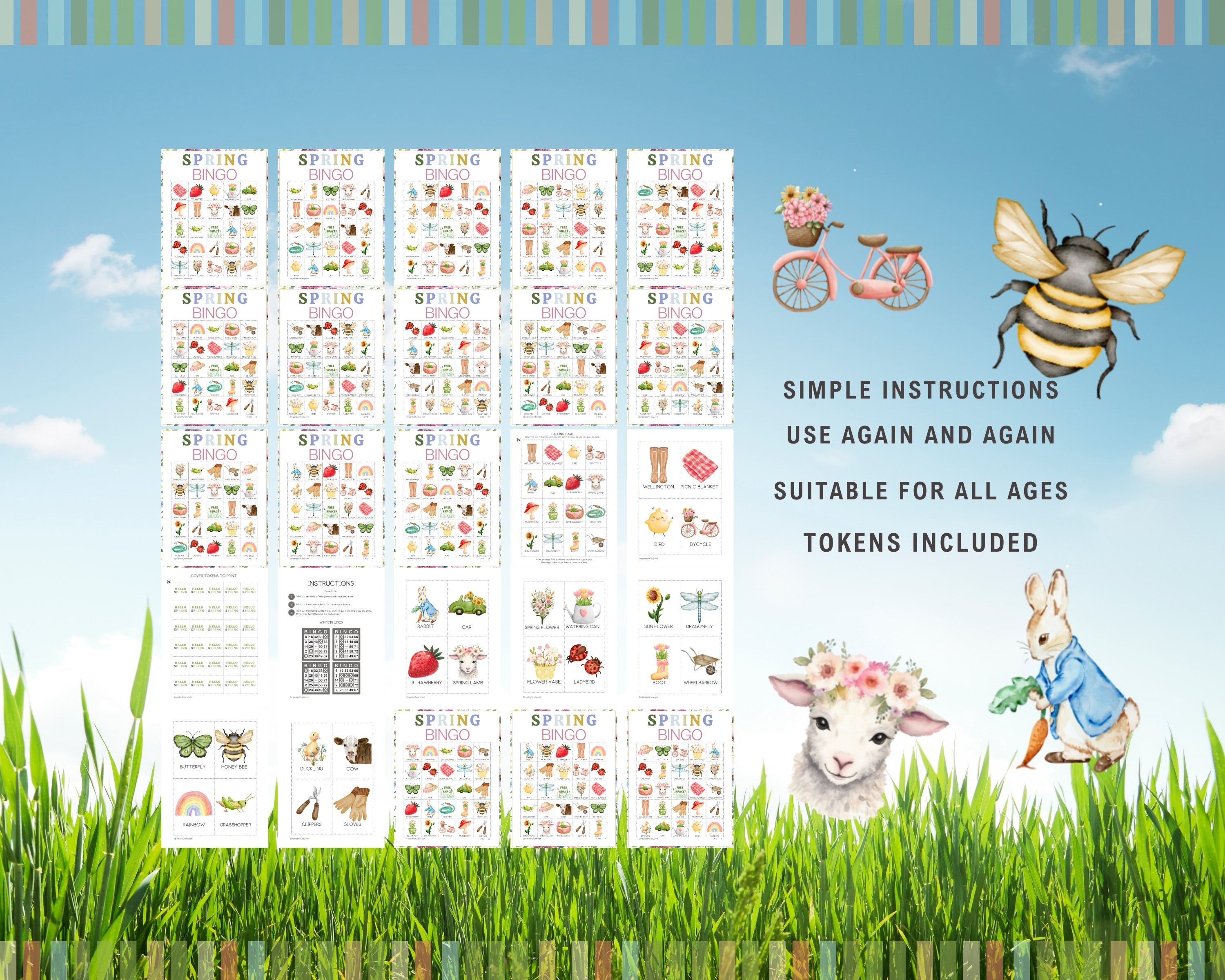 75 Bingo Cards Spring Printable Game, Bingo Kids Party Classroom ...