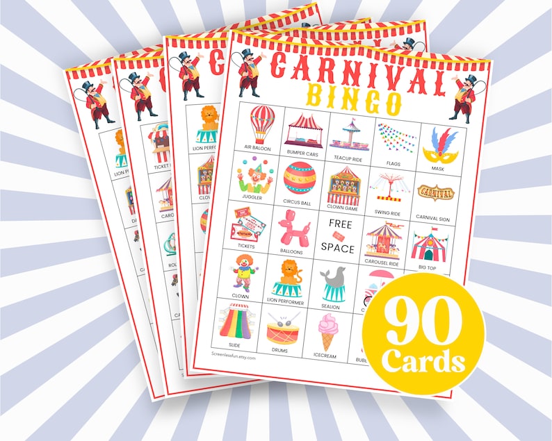 Carnival Bingo Game: 90 Printable Party Cards (digital Download) - Etsy ...