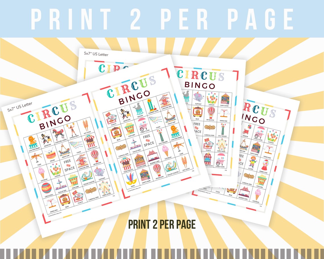 30 Circus Bingo Printable Boards, Circus Themed Party Game, Carnival ...
