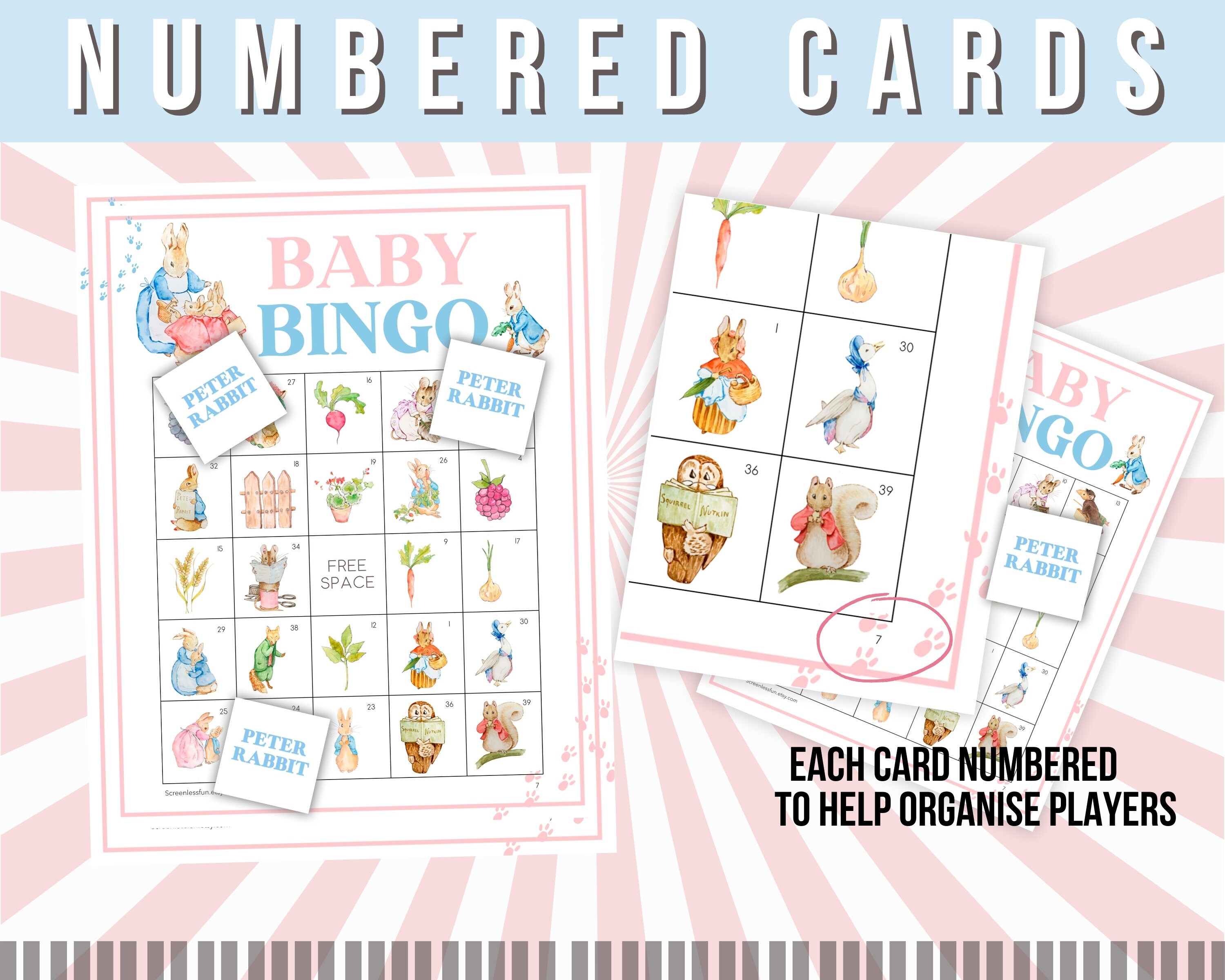 90 Book Theme Bingo Game Cards, Peter Rabbit Baby Shower Games, Baby ...