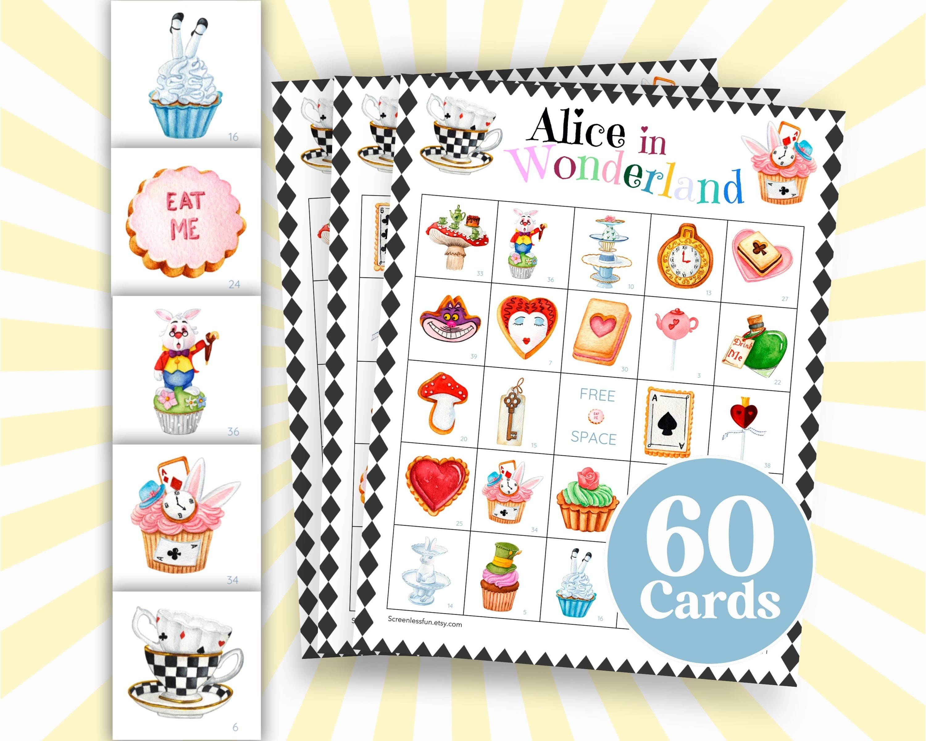Alice in Wonderland Bingo Printable Cards, Wonder Land Storybook Party ...