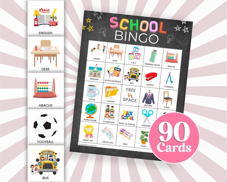 90 School Bingo Printable Card, Back to School Bingo Game, Education ...