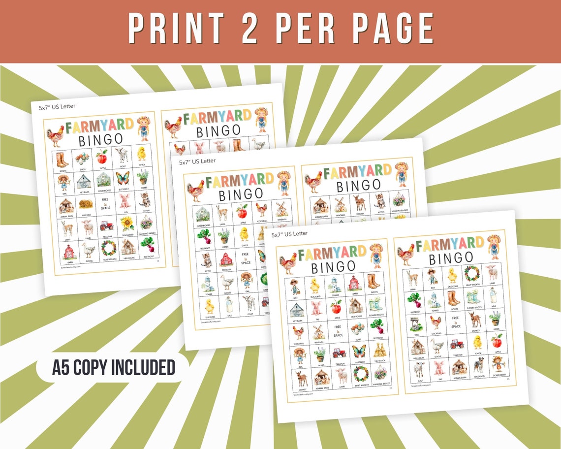 30 Farmyard Bingo Cards, Farm Animal Baby Shower Game, Barnyard Party ...