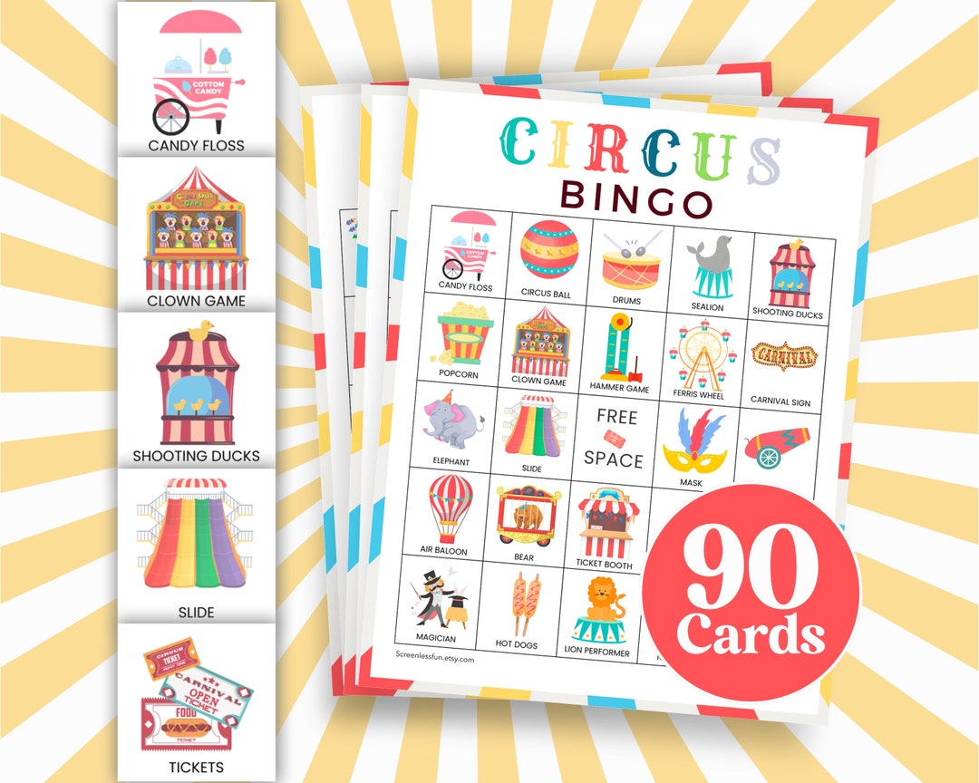 90 Circus Bingo Printable Boards, Bingo Card Circus Themed Party Game ...