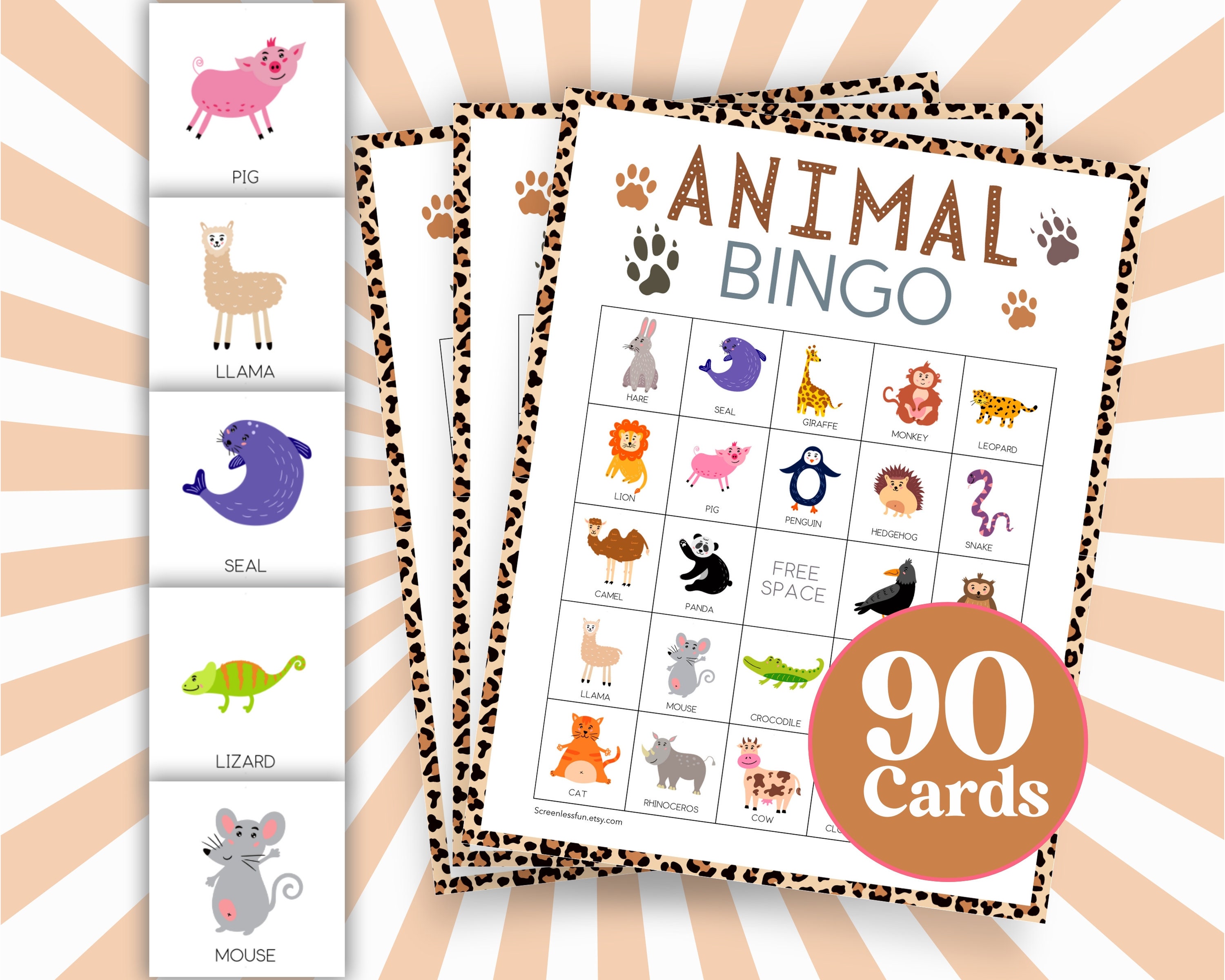 90 Cute Baby Animal Bingo Boards, Kids Party Animal Game Words and ...