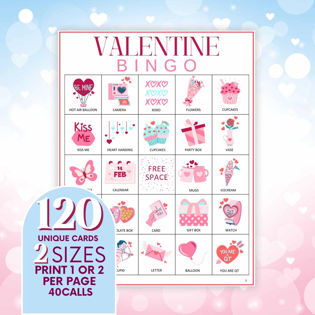 Valentine Bingo Cards, February Party Game, Fun Valentines Celebration ...