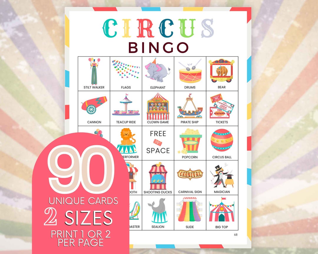 90 Circus Bingo Printable Boards, Bingo Card Circus Themed Party Game ...