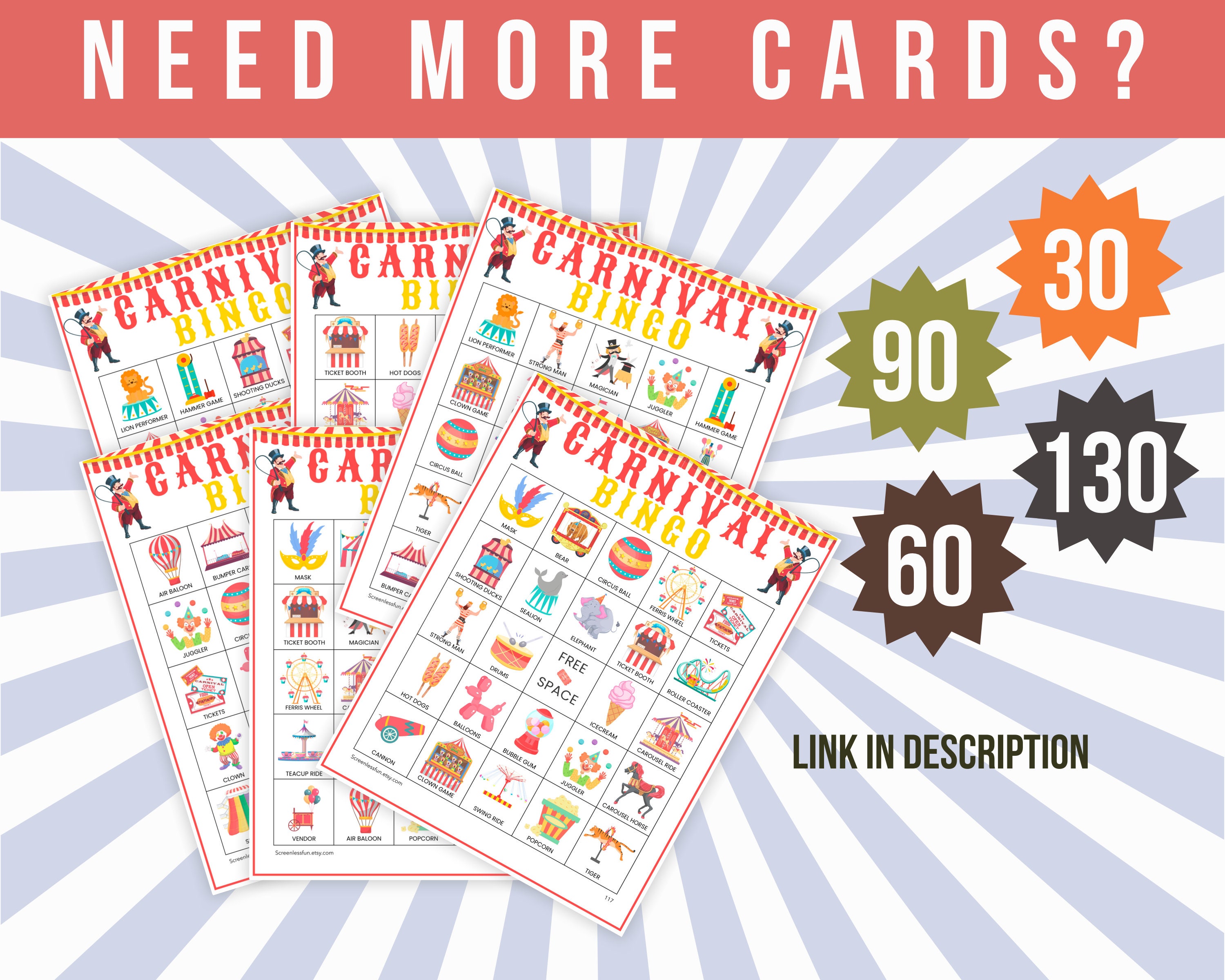 Carnival Bingo Cards Printable Game, Circus Clown Birthday Games, Kids ...