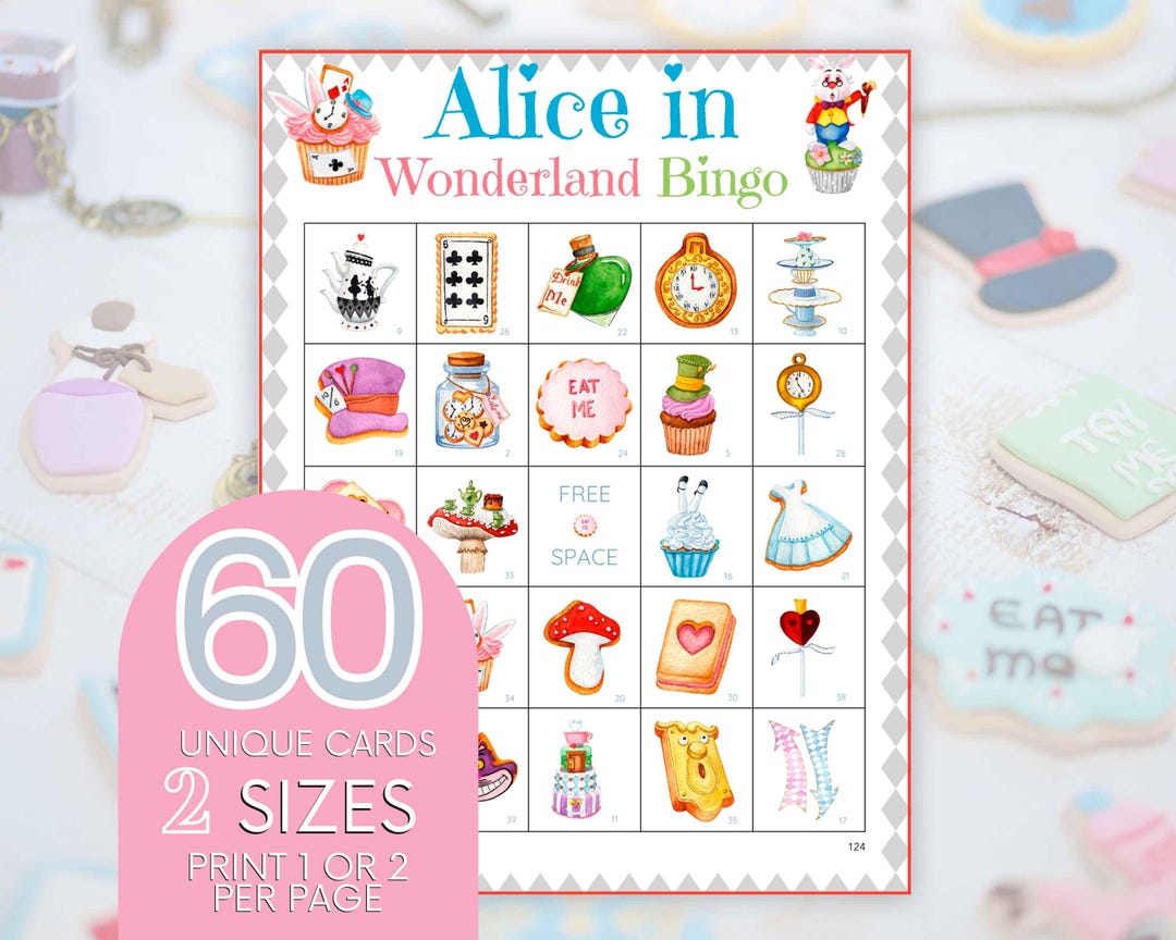 Alice Bingo Game, 60 Large Bingo Mad Hatter Themed Party Game ...