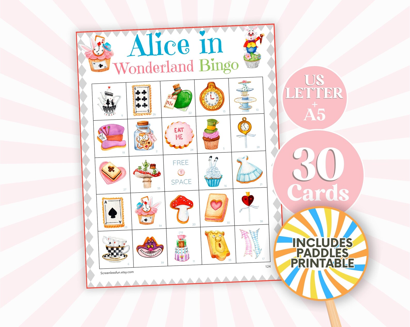 30 Alice in Wonderland Bingo Cards, Alice Bingo Cards, Printable Tea ...