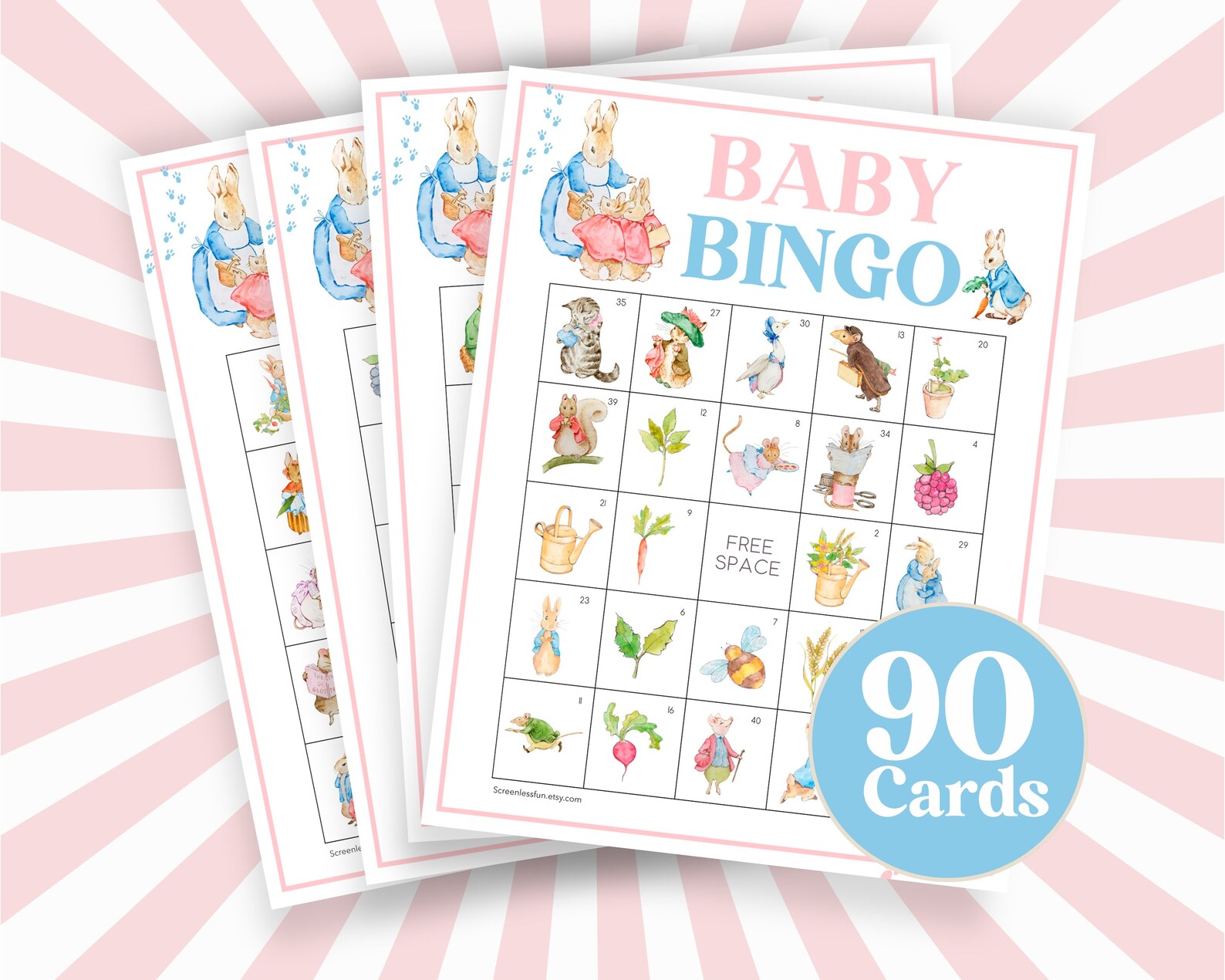 90 Book Theme Bingo Game Cards, Peter Rabbit Baby Shower Games, Baby ...