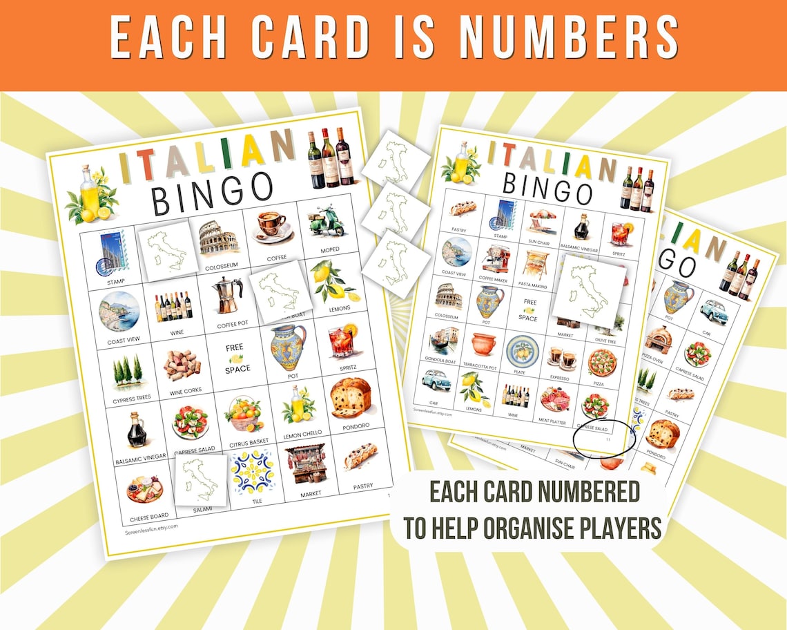30 Italian Bingo Cards, Citrus Bridal Shower Game, Lemon Printable ...