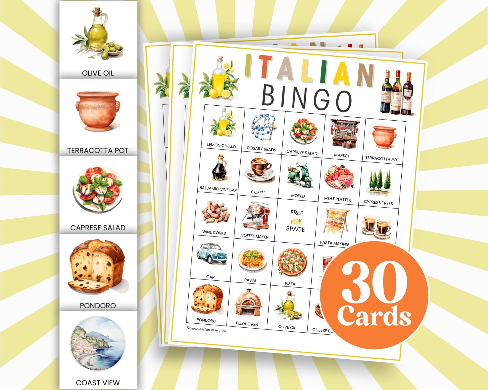 30 Italian Bingo Cards, Citrus Bridal Shower Game, Lemon Printable ...
