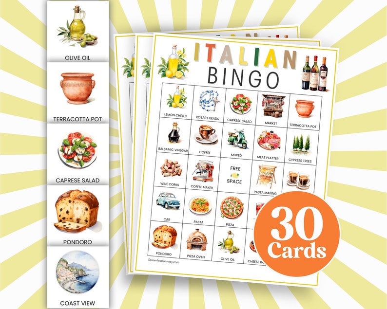 30 Italian Bingo Cards, Citrus Bridal Shower Game, Lemon Printable ...