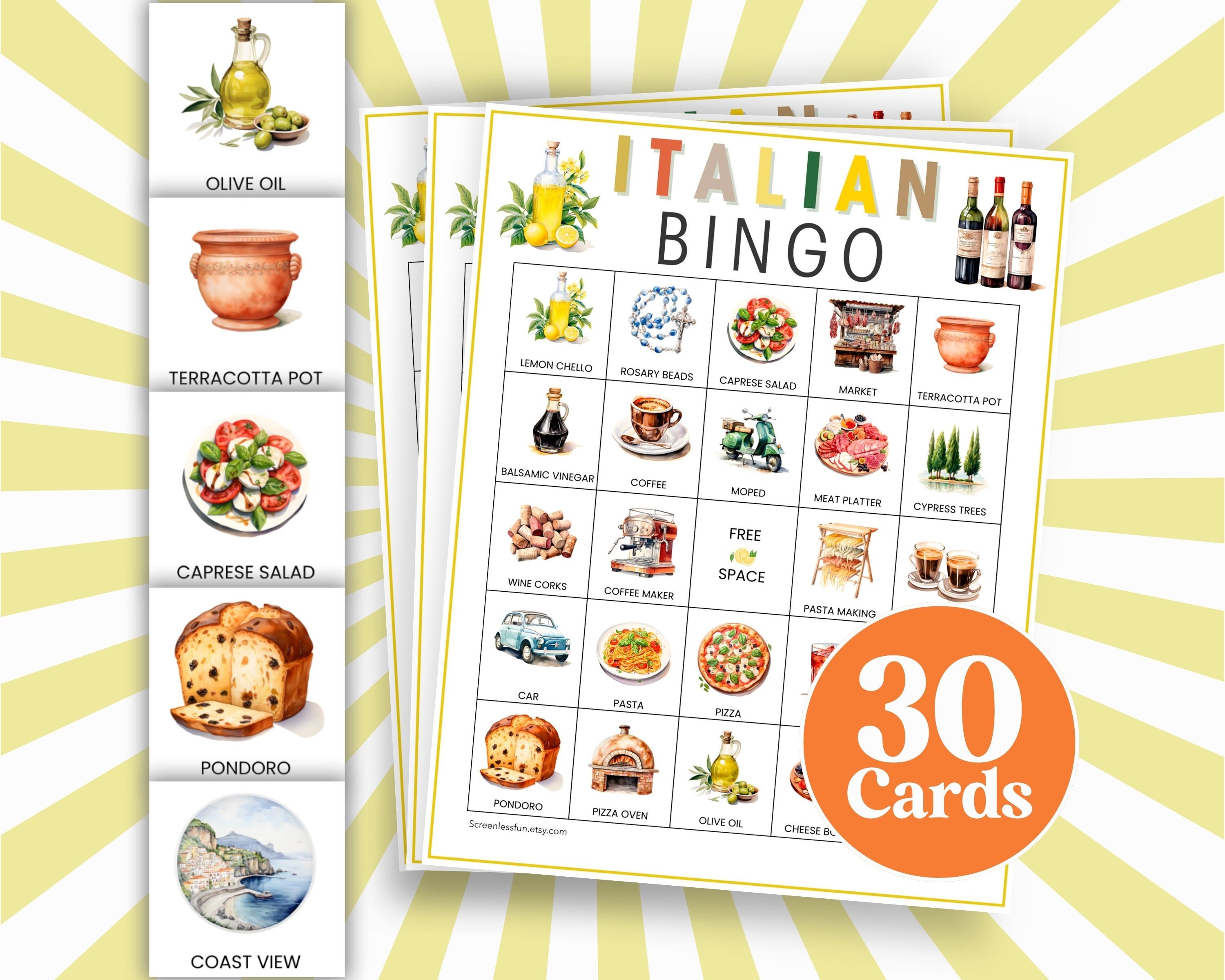 30 Italian Bingo Cards, Citrus Bridal Shower Game, Lemon Printable ...