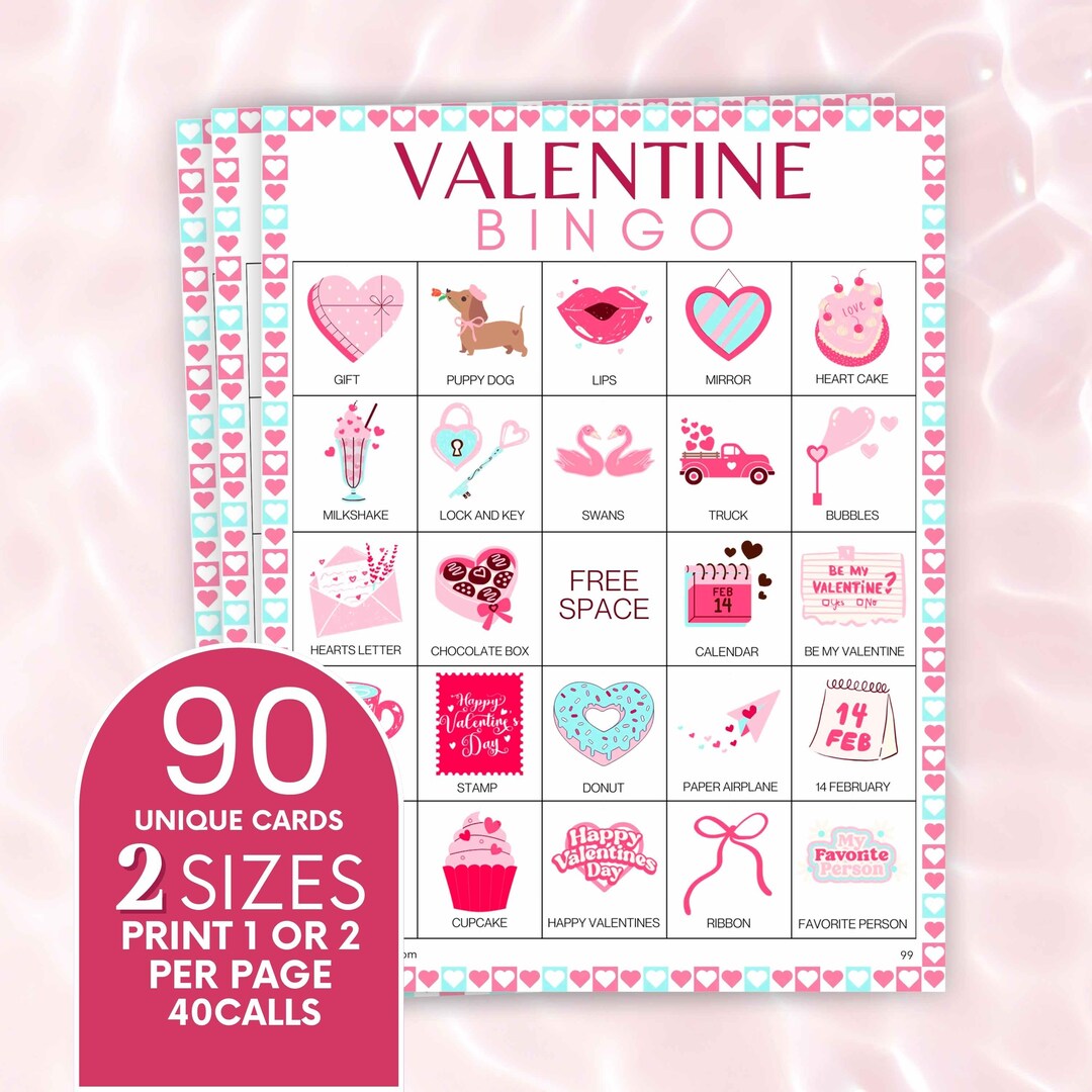 Valentine Bingo Game - 90 Bingo Cards, February Classroom Game, Bingo ...