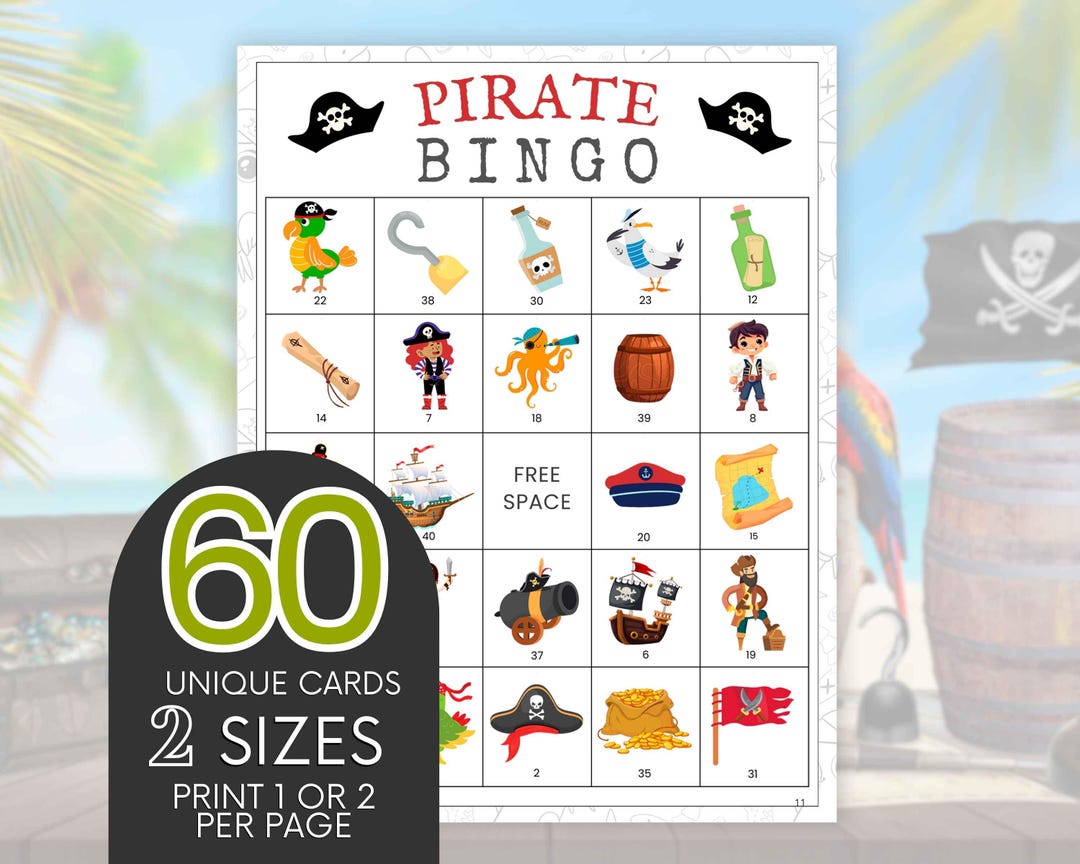 60 Pirate Bingo Printable Cards, Pirate Themed Party Game, Boys ...