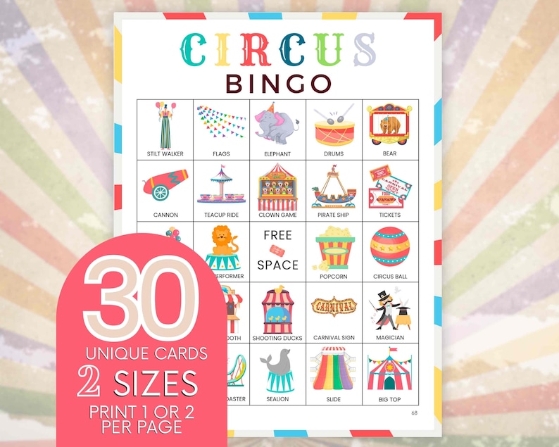 Circus Bingo Game: 30 Printable Carnival Party Cards (PDF) - Etsy