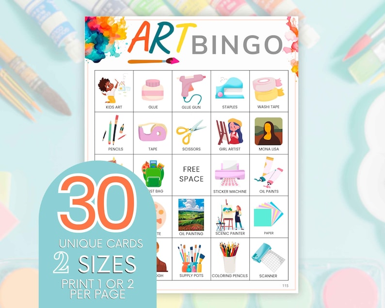 30 Art Bingo Cards, Printable Artist Bingo Game, Kids Art Party ...