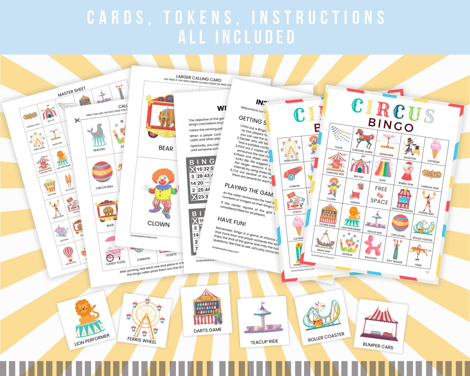 30 Circus Bingo Printable Boards, Circus Themed Party Game, Carnival ...