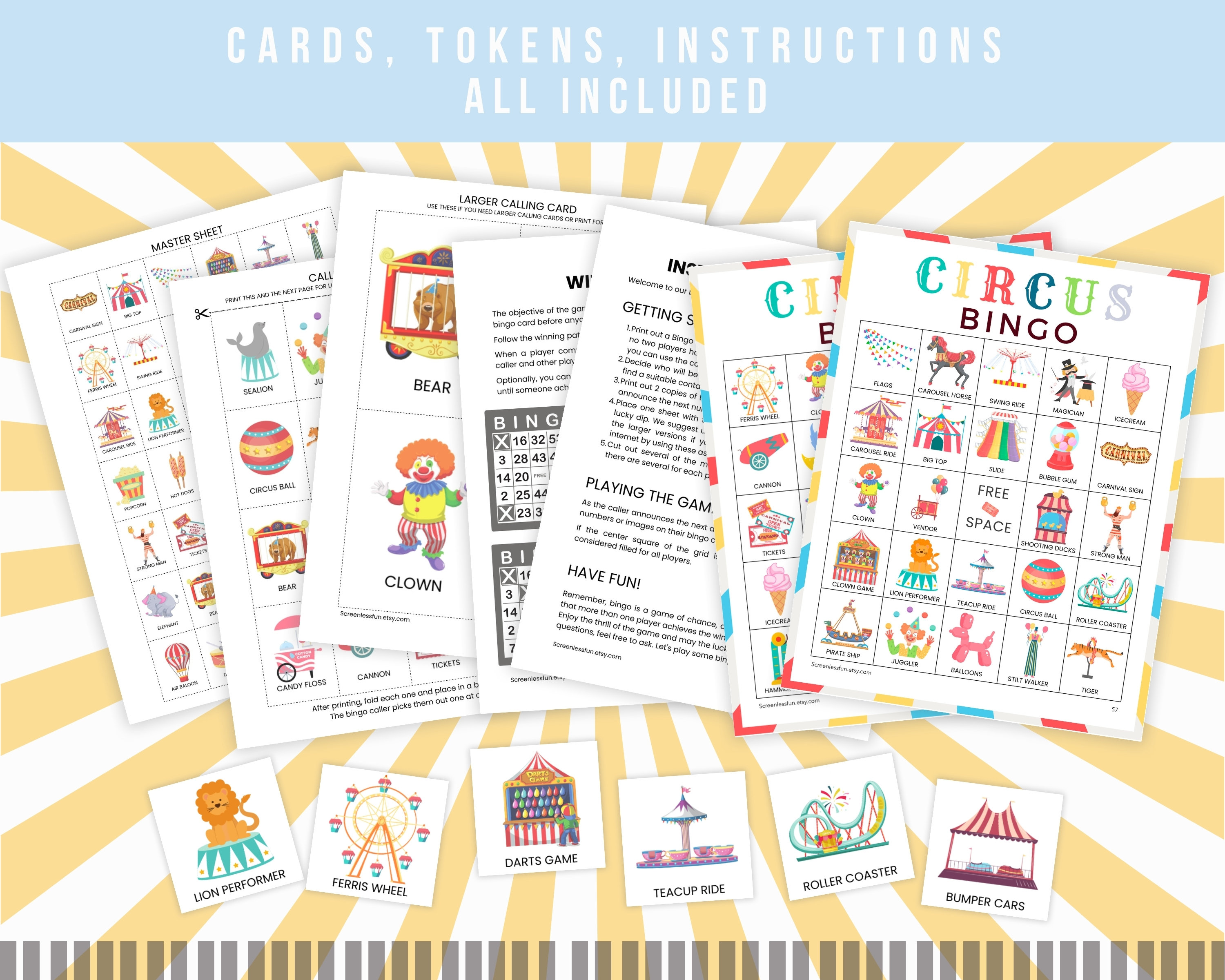 30 Circus Bingo Printable Boards, Circus Themed Party Game, Carnival ...