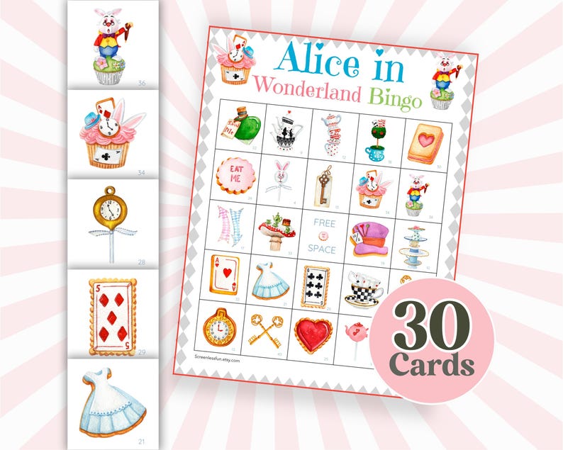 30 Alice in Wonderland Bingo Cards, Alice Bingo Cards, Printable Tea ...
