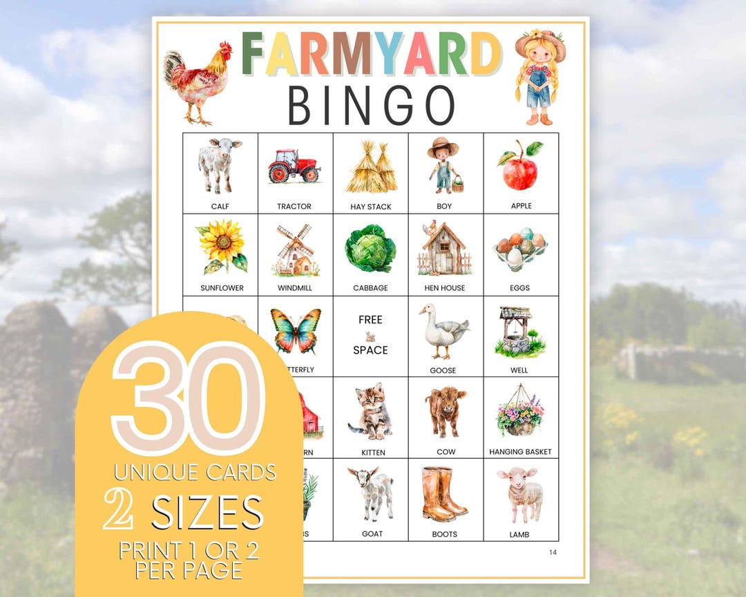 30 Farmyard Bingo Cards, Farm Animal Baby Shower Game, Barnyard Party ...