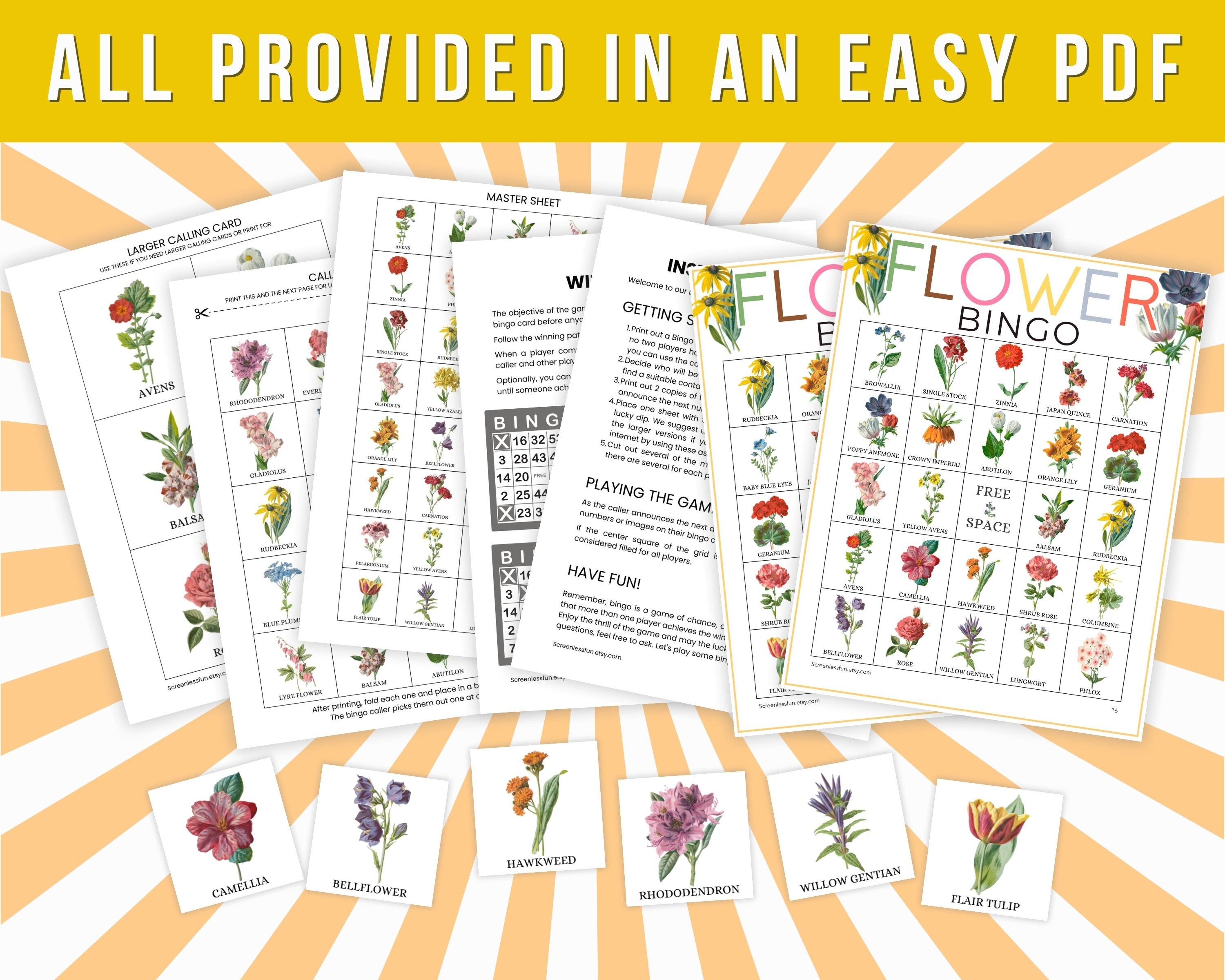 130 Flower Bingo Cards Printable Game, Floral Themed Game Activity ...