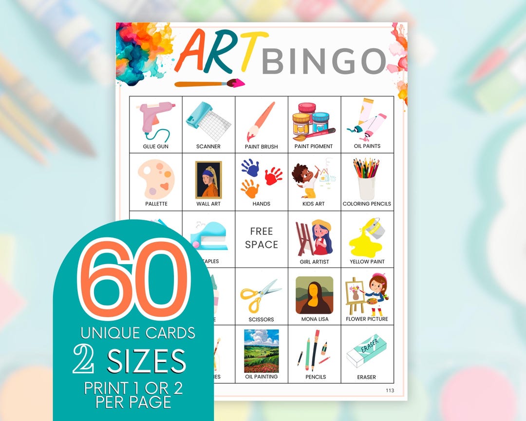 60 Art Bingo Cards, Printable Artist Bingo Game, Kids Art Party ...