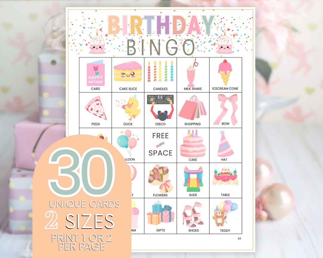 30 Kids Birthday Party Printable Bingo, Celebration Party Bingo ...
